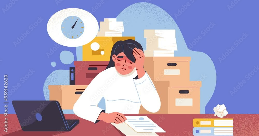 Emotional burnout at work. Moving banner with female entrepreneur ...