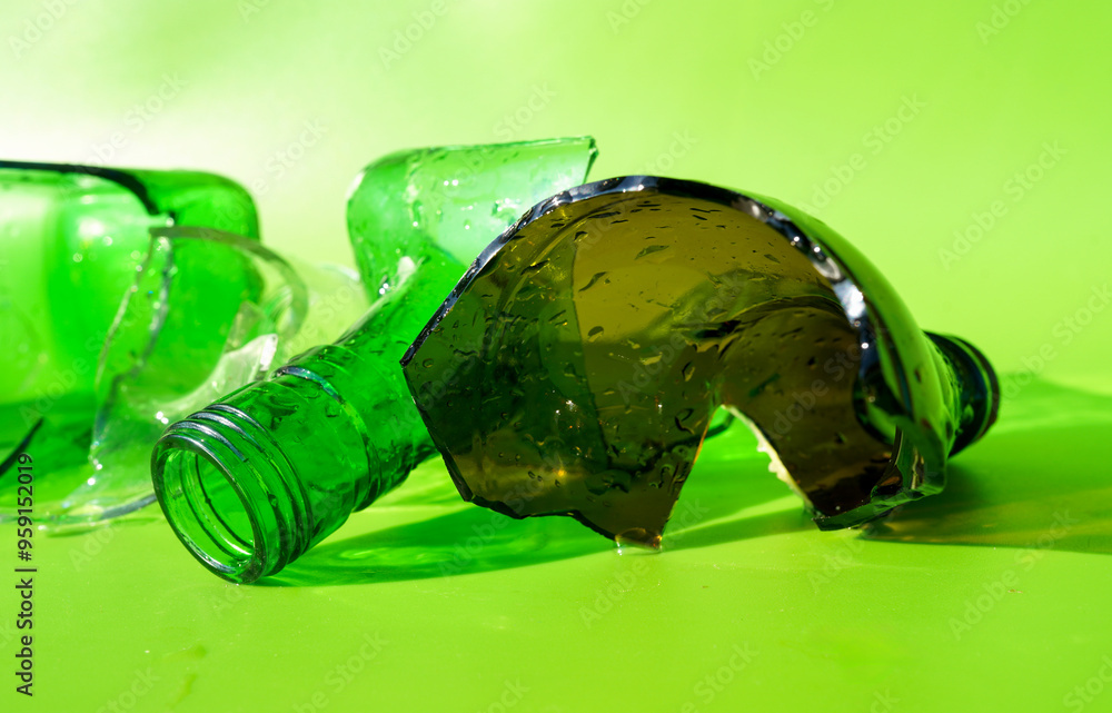Broken glass bottles on green background. Broken glass bottles for ...