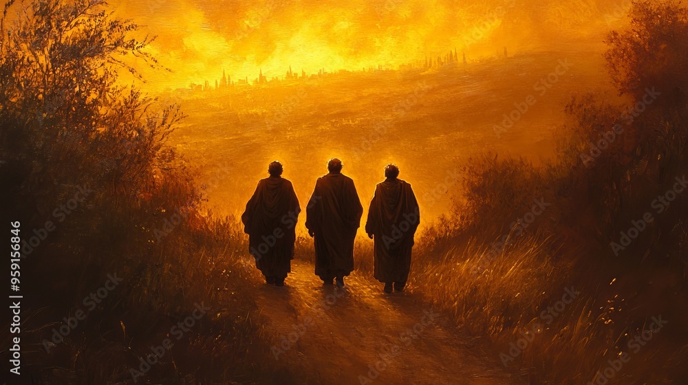 Road to Emmaus walking three men, rear view, two men have their hearts ...