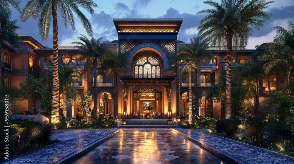Asian-style entrance with palm trees, opulent exterior facade of ...
