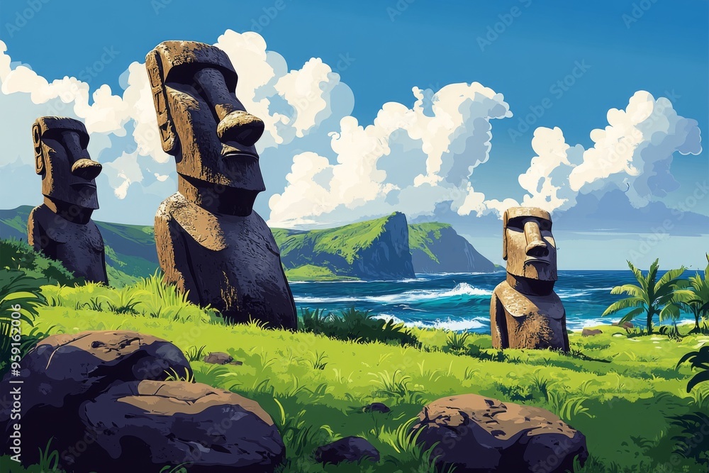 Easter island with moai statues landscape. National park Rapa Nui ...