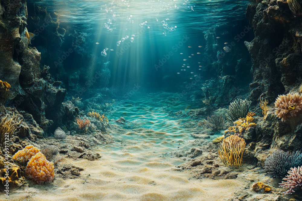 The ocean bottom scene with a mix of sand and rocky outcrops, where ...