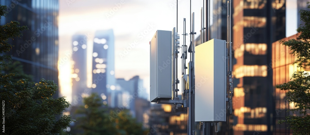 Mobile phone base station featuring 3G 4G and 5G antennas positioned on ...