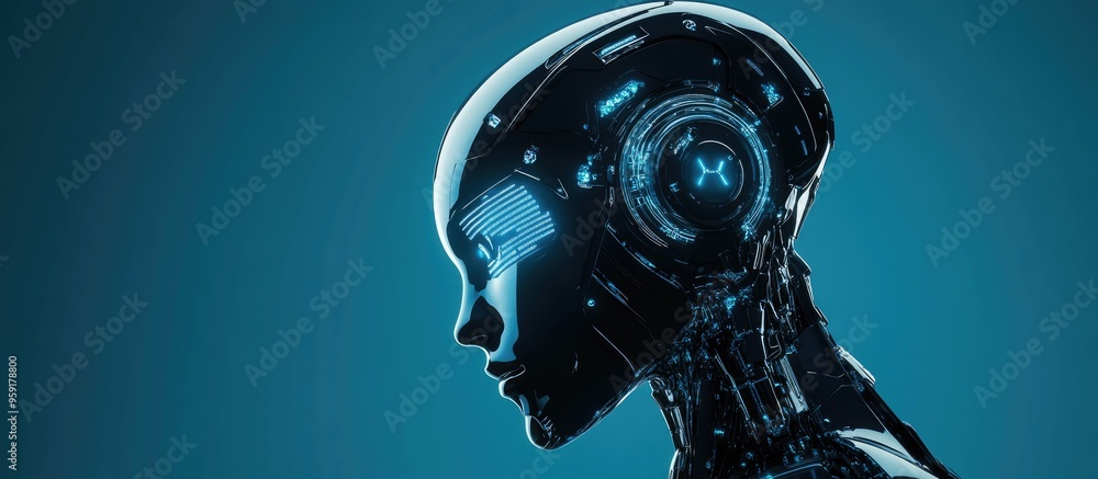 Holographic blue robot head representing artificial intelligence ...