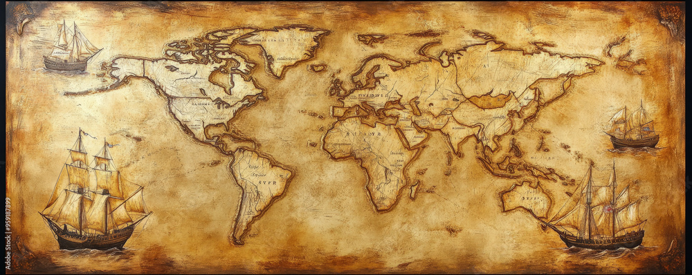 A vintage world map with sepia tones, showcasing old maritime routes ...