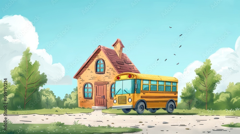 The cartoon style features a yellow school bus parked in front of a ...