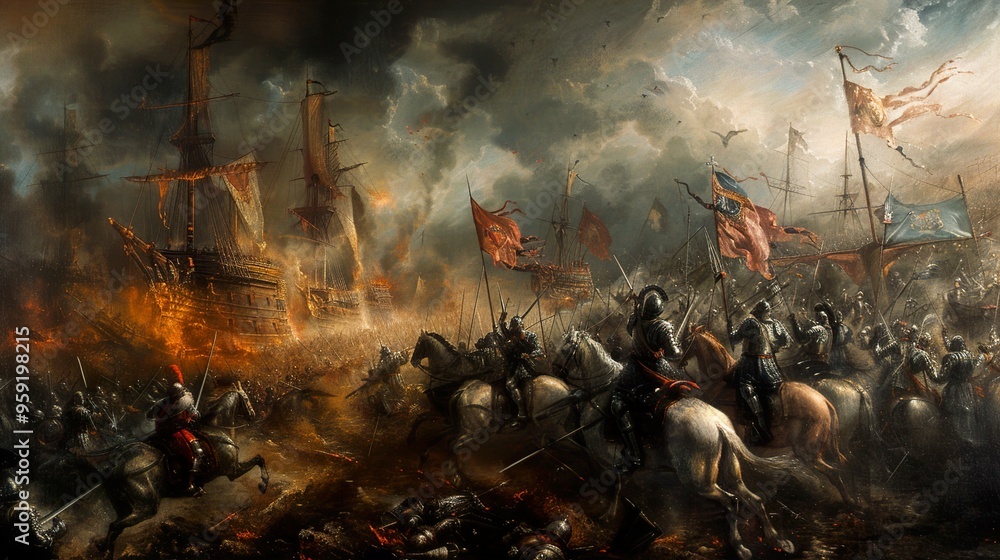 A dramatic painting depicting a medieval battle scene with soldiers on ...