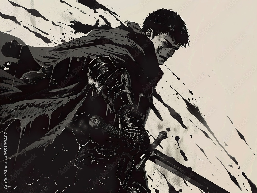 A dark and brooding warrior, cloaked in shadows, stands with a sword in ...