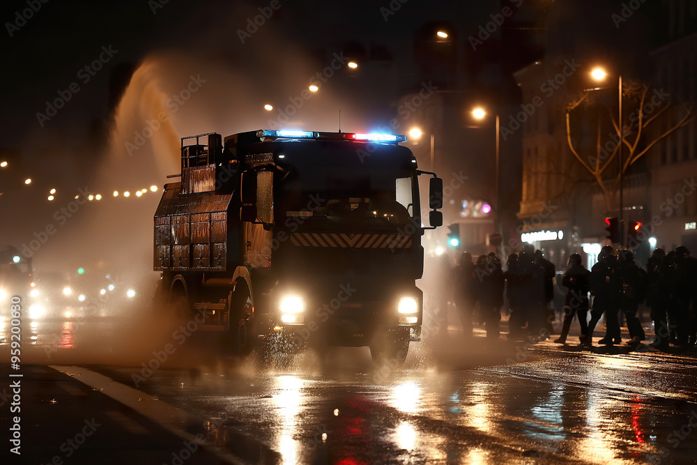 At night, police deploy a water cannon to manage protest activities in ...