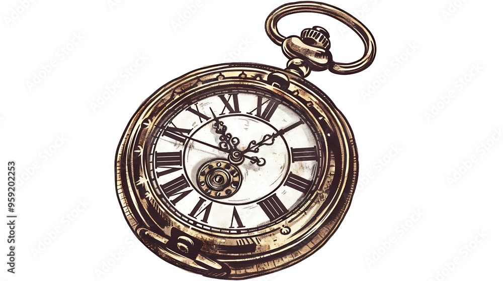 Vintage pocket watch line illustration isolated on solid white ...