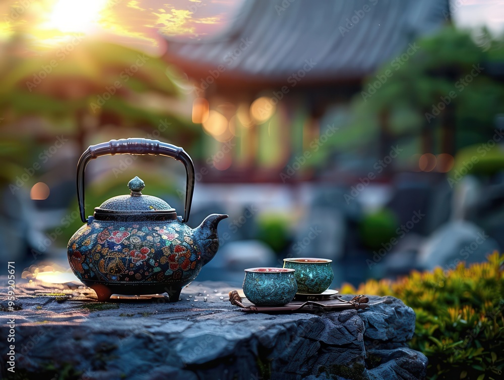 Tea garden with traditional teaware, serene and cultural, Ethnic, Soft ...