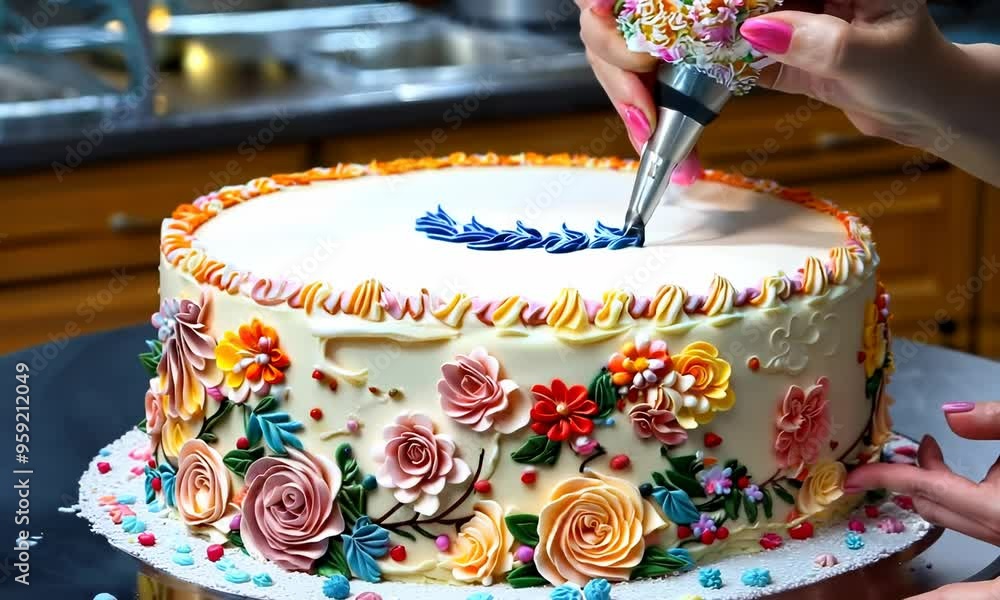 A baker decorating a birthday cake with intricate designs and colorful ...