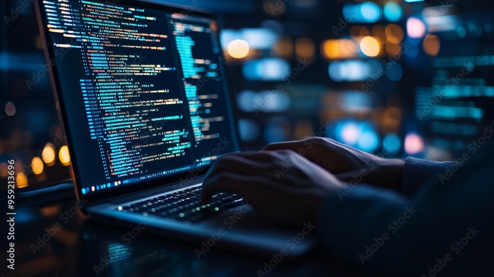 Software engineers use laptops to develop software with javascript and binary code on virtual ...