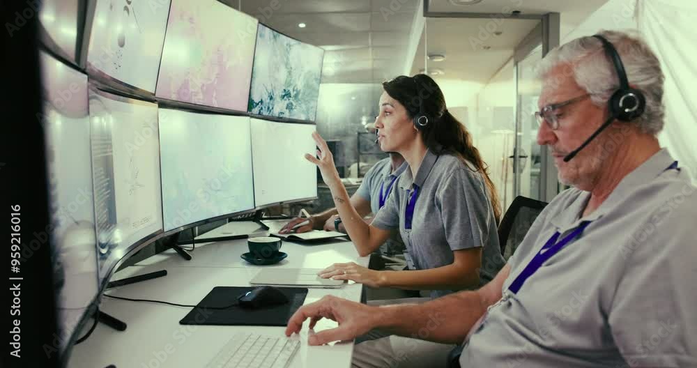 People, control room and group monitor system on satellite maps to ...