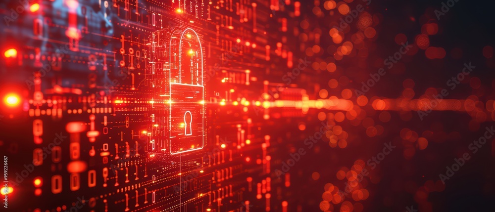 Digital security concept featuring a lock symbol amidst a backdrop of glowing binary code ...
