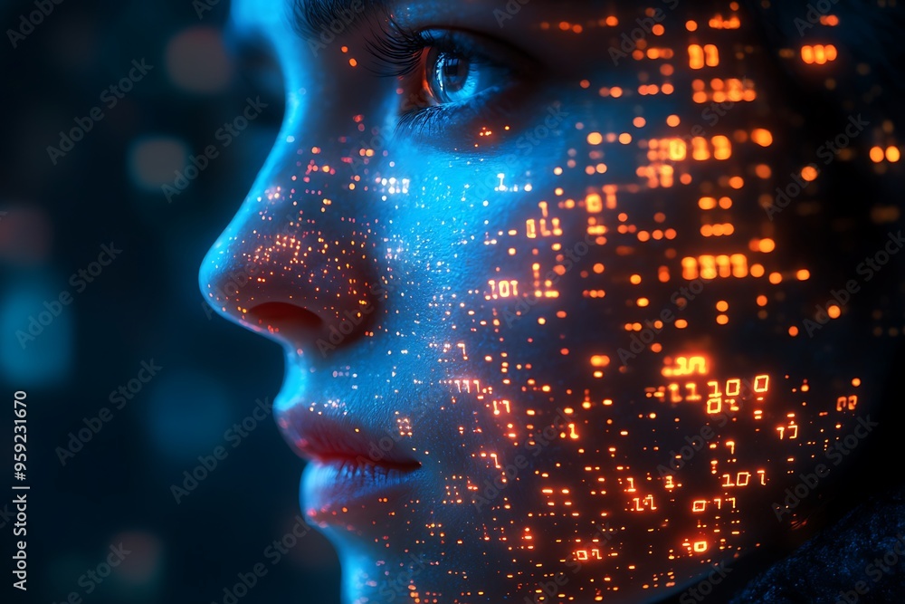 A blue digital hacker with glowing binary code, AI in cybersecurity systems, threat detection ...