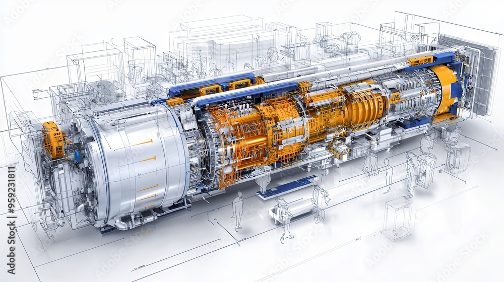 D Model of a Jet Engine with Blueprint and Engineers ilustração do ...