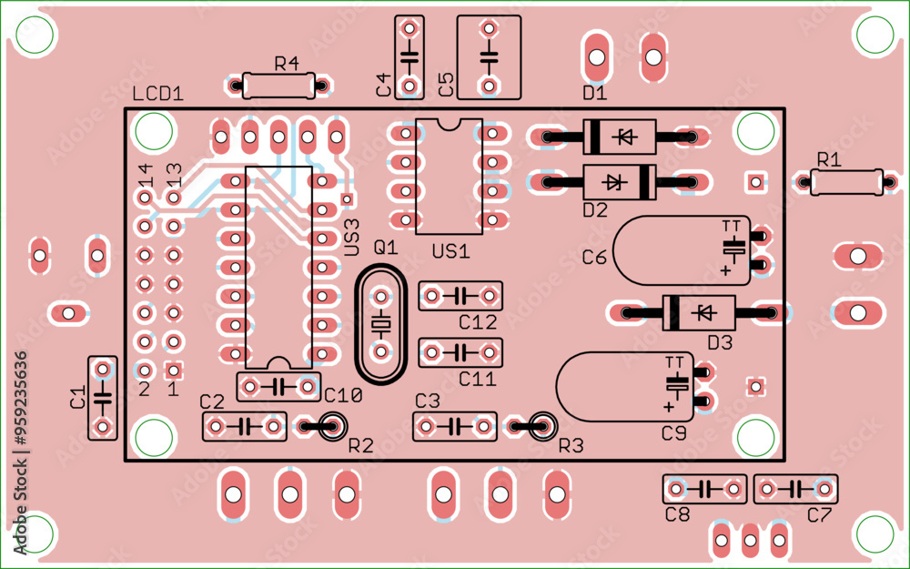 Vector printed circuit board of electronic device with components of ...