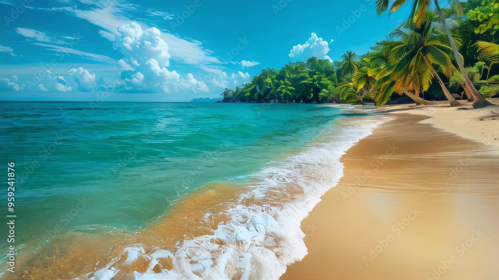 Beautiful tropical beach scene with palm trees, clear blue ocean waves ...