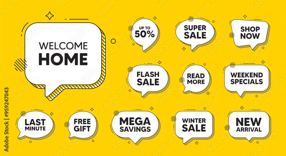 Offer speech bubble icons. Welcome home tag. Home invitation offer ...