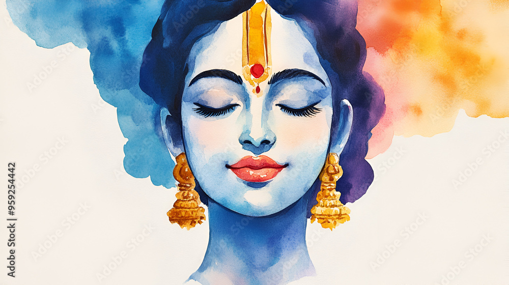 Watercolor Painting of Krishna, Hindu God, with Closed Eyes, Blue Skin ...