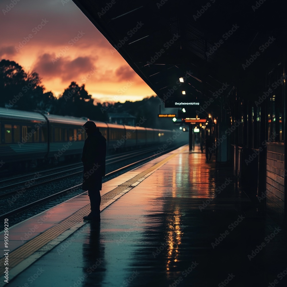 48. Person standing at a train station platform at dawn, ready to ...