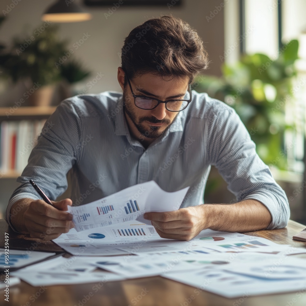 Entrepreneur reviewing a detailed business plan with graphs and charts ...