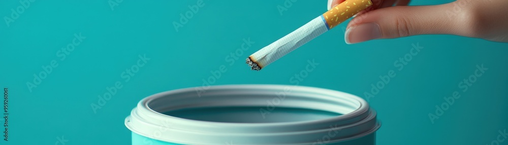 Hand throwing a cigarette into a trash can, representing health change ...