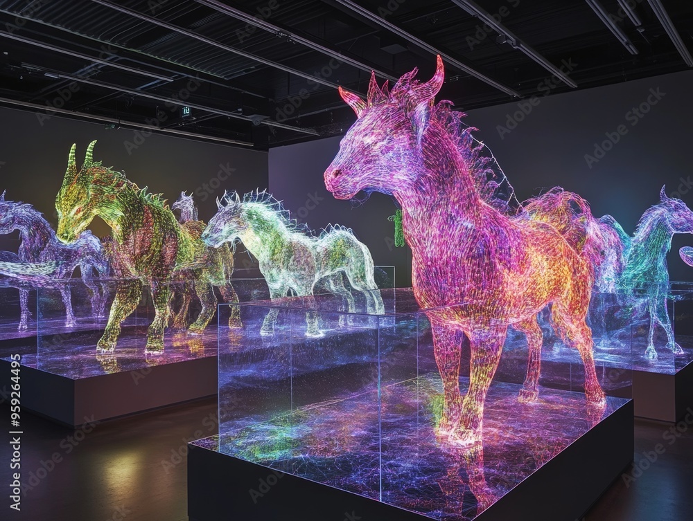 Mythical beasts embroidered with nanofibers on a high-tech fabric, each ...