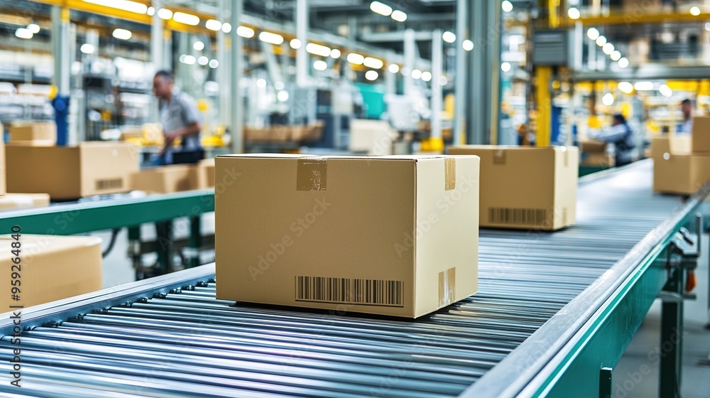 Efficient factory packaging and distribution area with workers ...