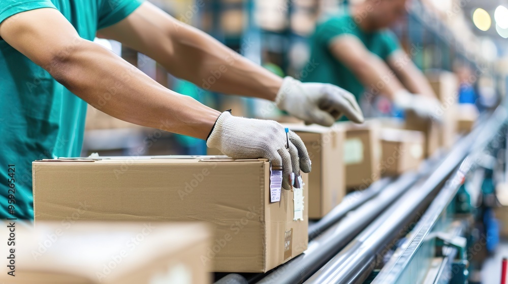 Efficient factory packaging and distribution area with workers ...