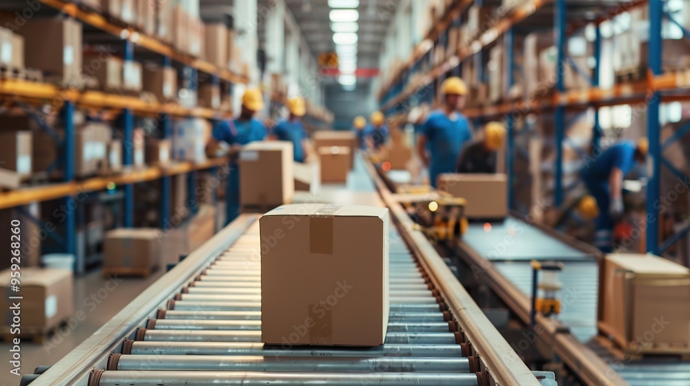 Foto de Efficient factory packaging and distribution area with workers ...