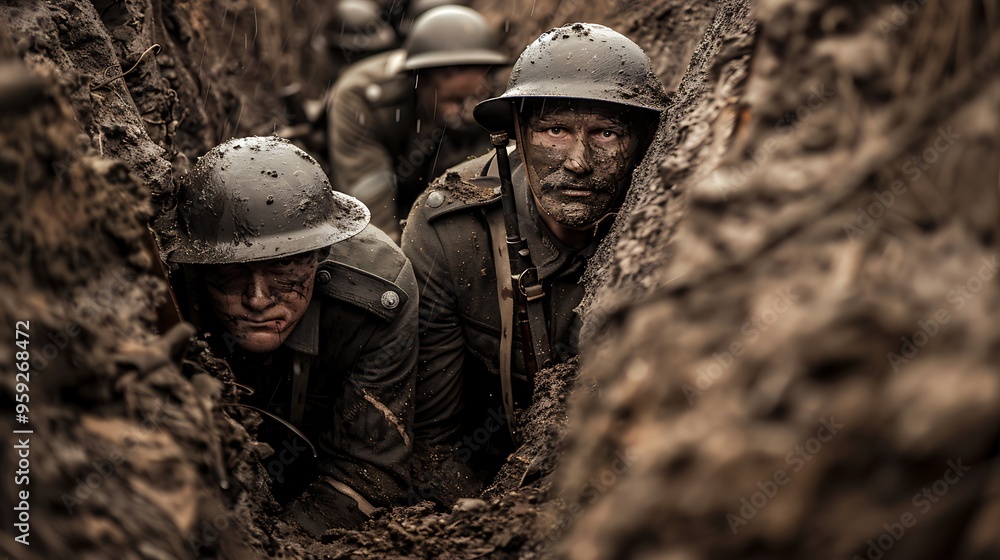 Soldiers in a muddy trench during wartime, depicting the harsh ...