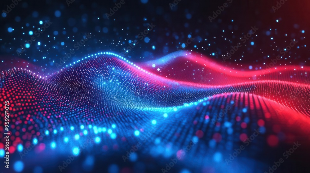 Holographic particles in red and blue, technology tone, Split ...