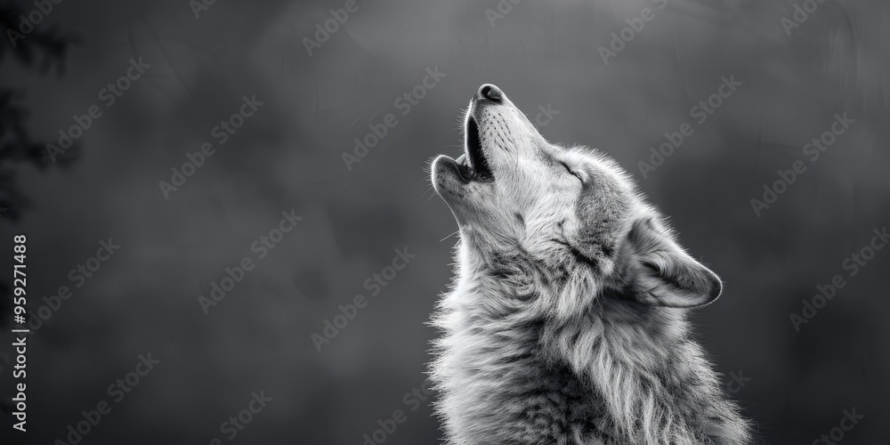 Wolf howling upwards in a close up black and white photograph depicting ...