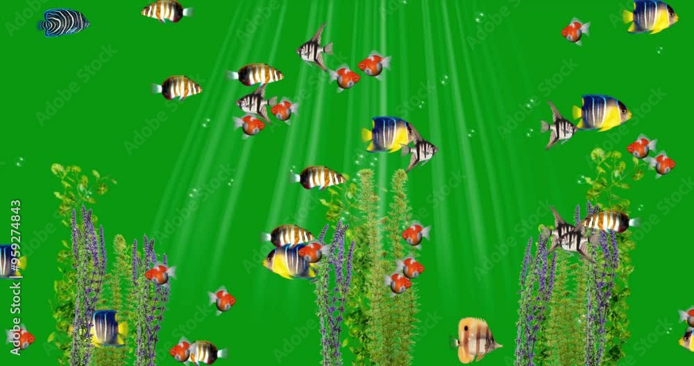 3d Tropical fishes and gold fishes swim in the water with sun rays and ...