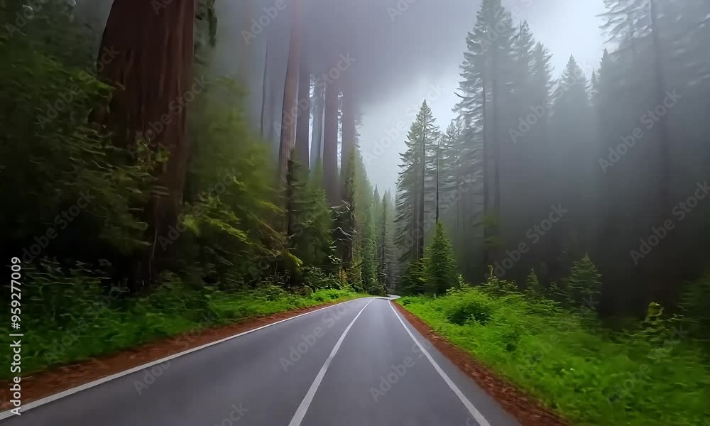 Serene Road Through Redwood Forest: A winding asphalt road disappears ...