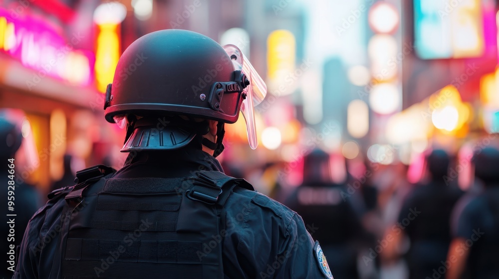 Riot police officer seen from the back, fully equipped in protective ...