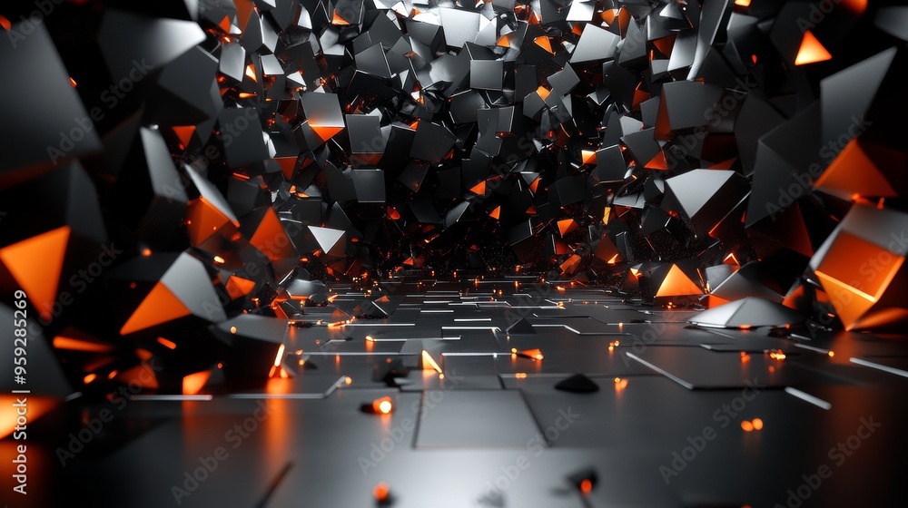 Abstract composition of copper polygons floating in a black void, each ...