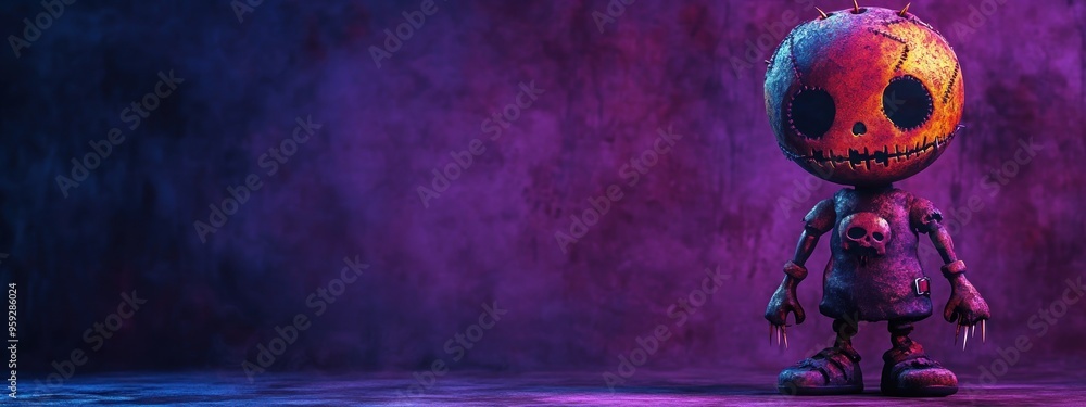 Cursed 3D cartoon voodoo doll with pins, deep purple background, eerie ...