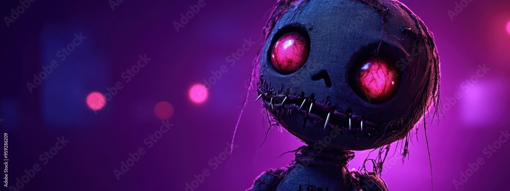 Cursed 3D cartoon voodoo doll with pins and glowing red eyes in purple ...