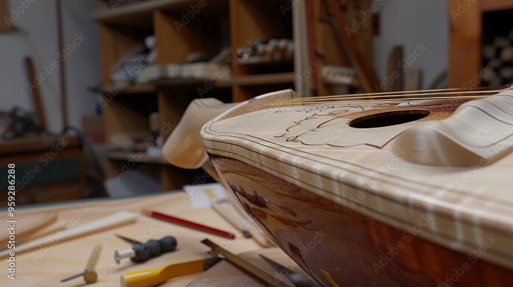 Luthier restoring a traditional oud focusing on the sound hole design ...