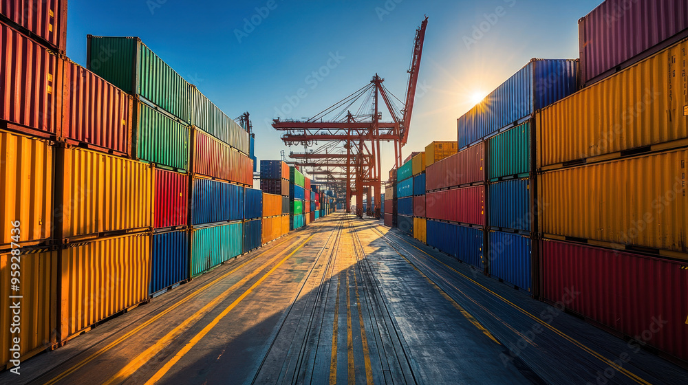 Colorful shipping containers create vibrant scene at port, with crane ...