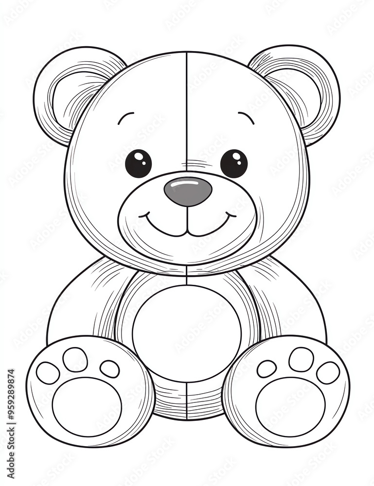 Coloring page for kids, a teddy bear with a cute smile and big eyes in ...