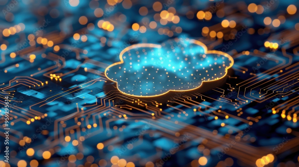 Abstract digital cloud on a circuit board background, illuminated by ...