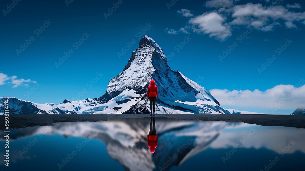 Profound humility a person stands before a massive mountain their head ...