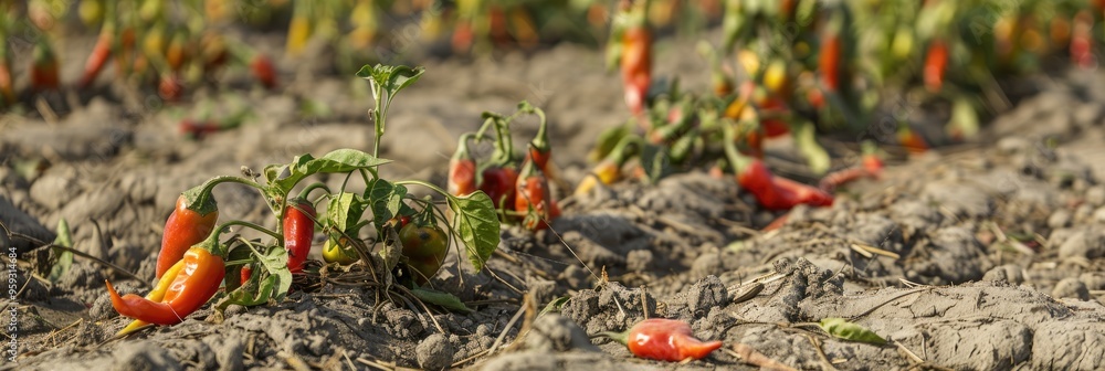 Crop failure and famine in a vegetable field featuring shriveled and ...