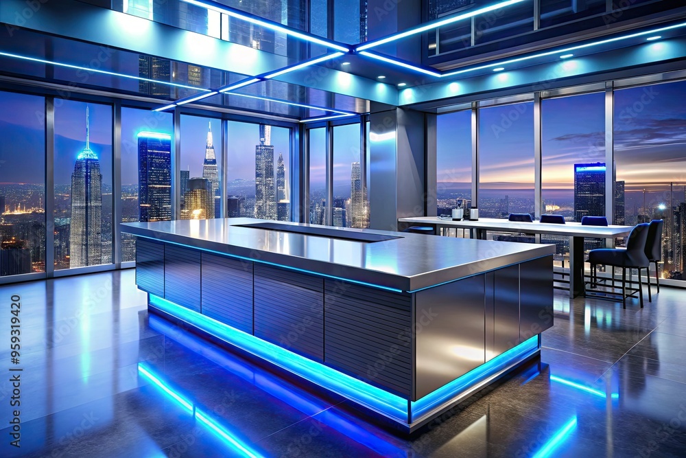 Sleek stainless steel counter with a futuristic, high-gloss finish ...