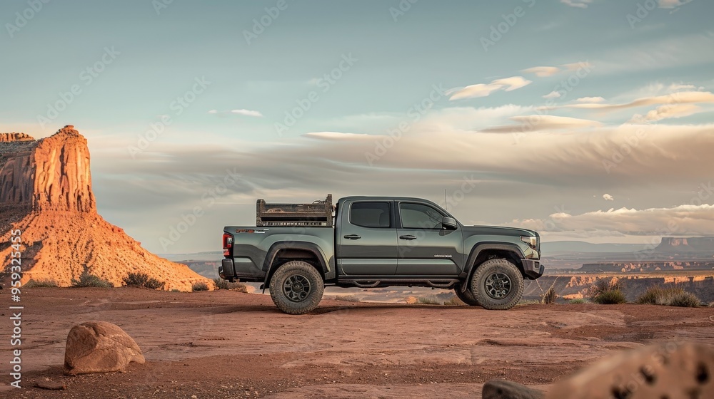 A rugged pickup truck from the side, showcasing its robust build, large ...