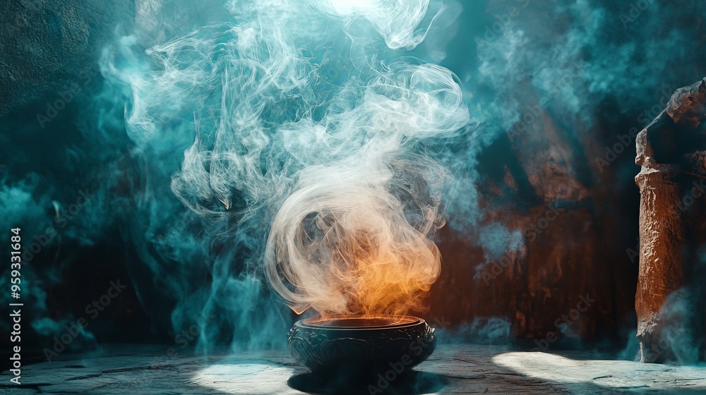 Mystical smoke swirls around a magical artifact, enhancing a fantasy or ...